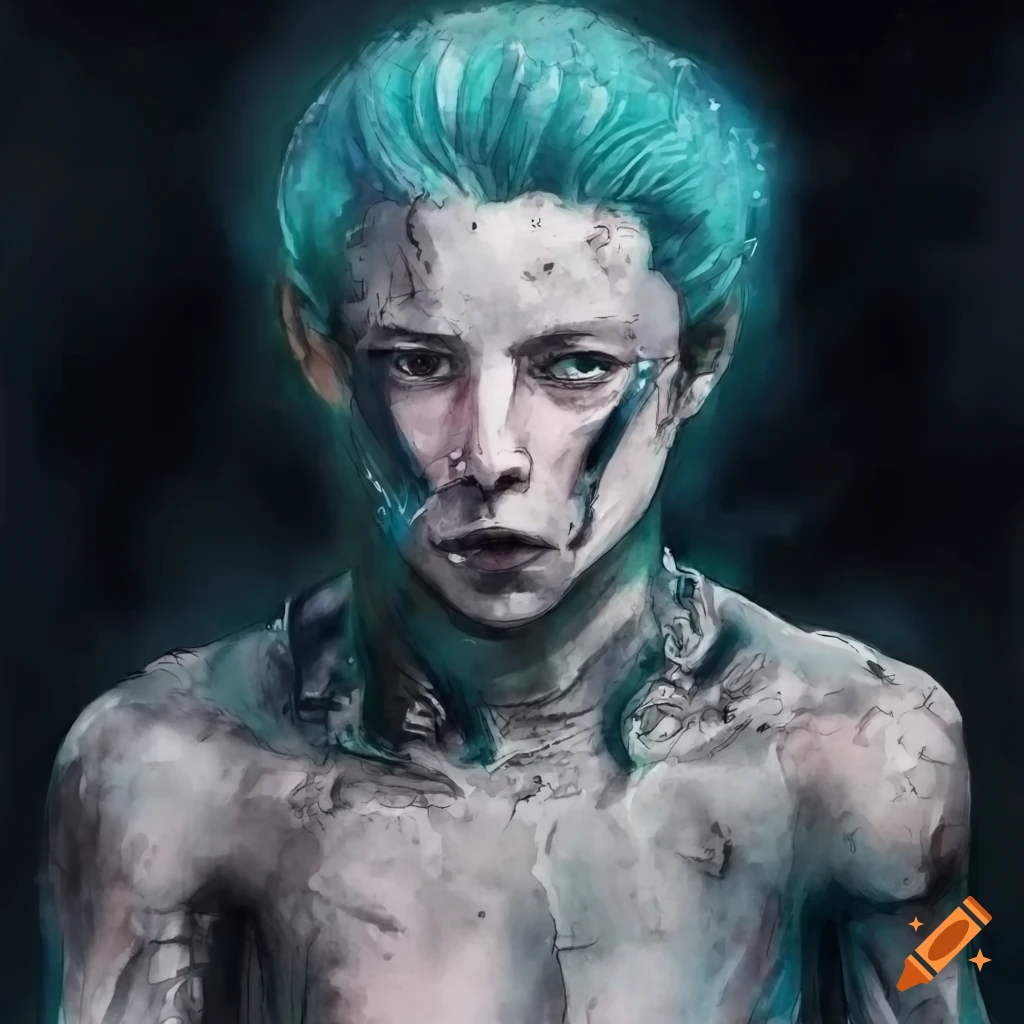 Watercolor portrayal of a young male cyborg in a high-tech bodysuit ...