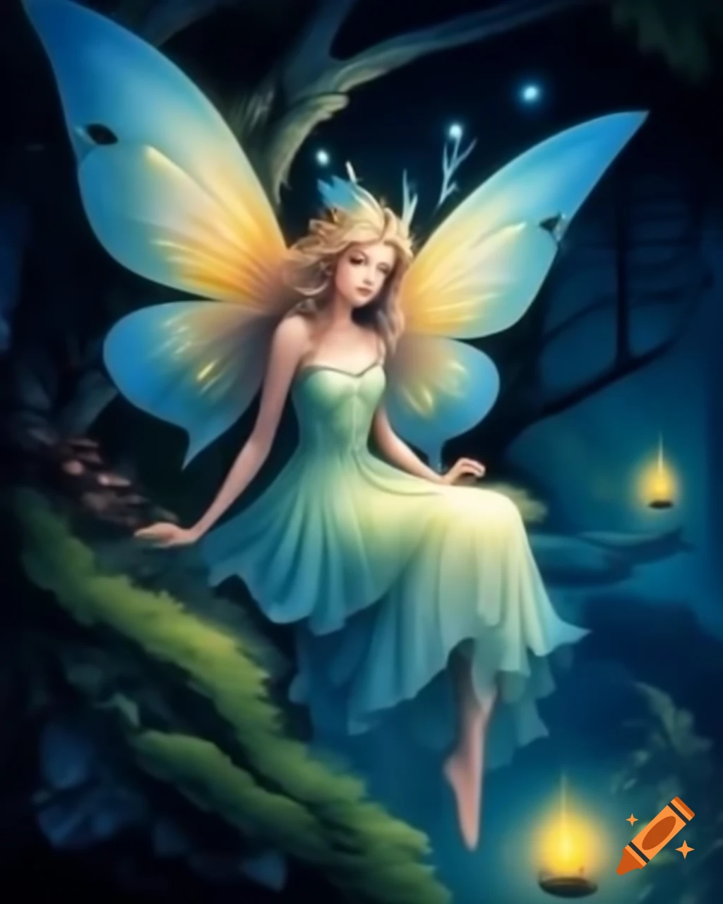 Night fairy with glowing wings illuminating mystical forest on Craiyon