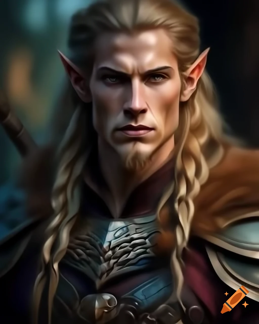 Gorgeous elf in detailed leather armor with lion face shield and long ...