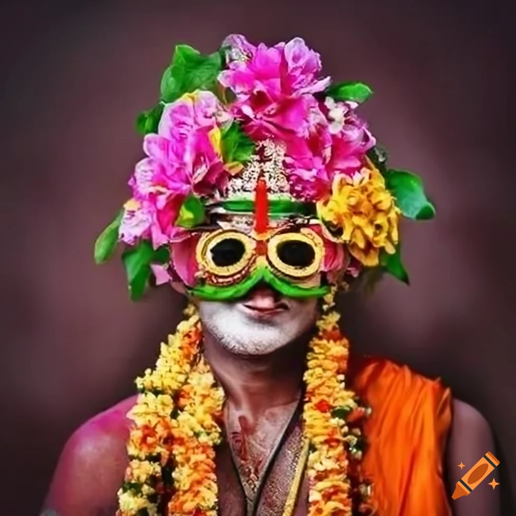 Hindu traditional priest with Goggles and flowers garland on Craiyon