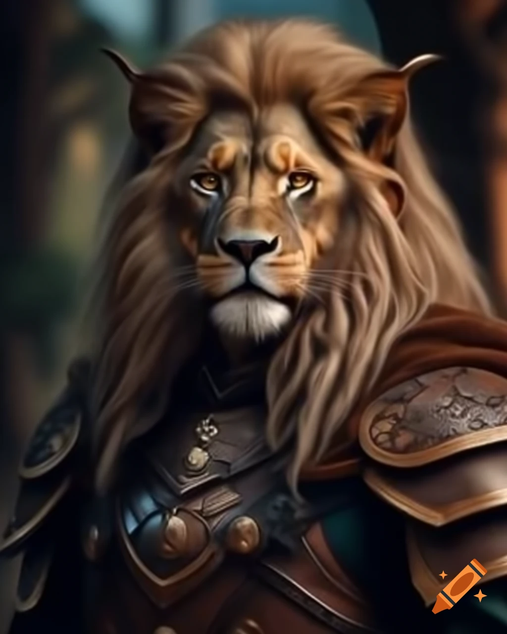 Gorgeous elf in detailed leather armor with lion face shield and long ...