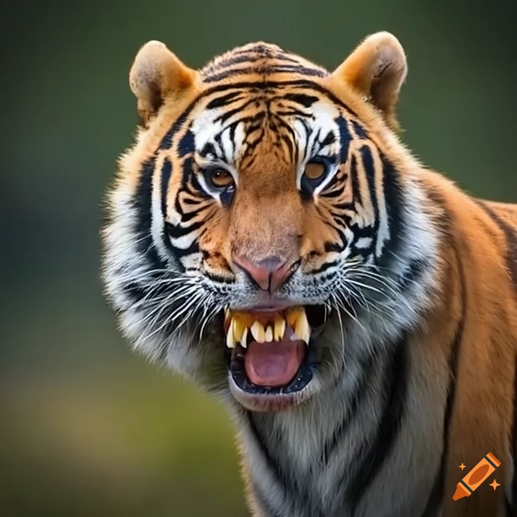 Majestic tiger-bear hybrid with large teeth and horns on Craiyon