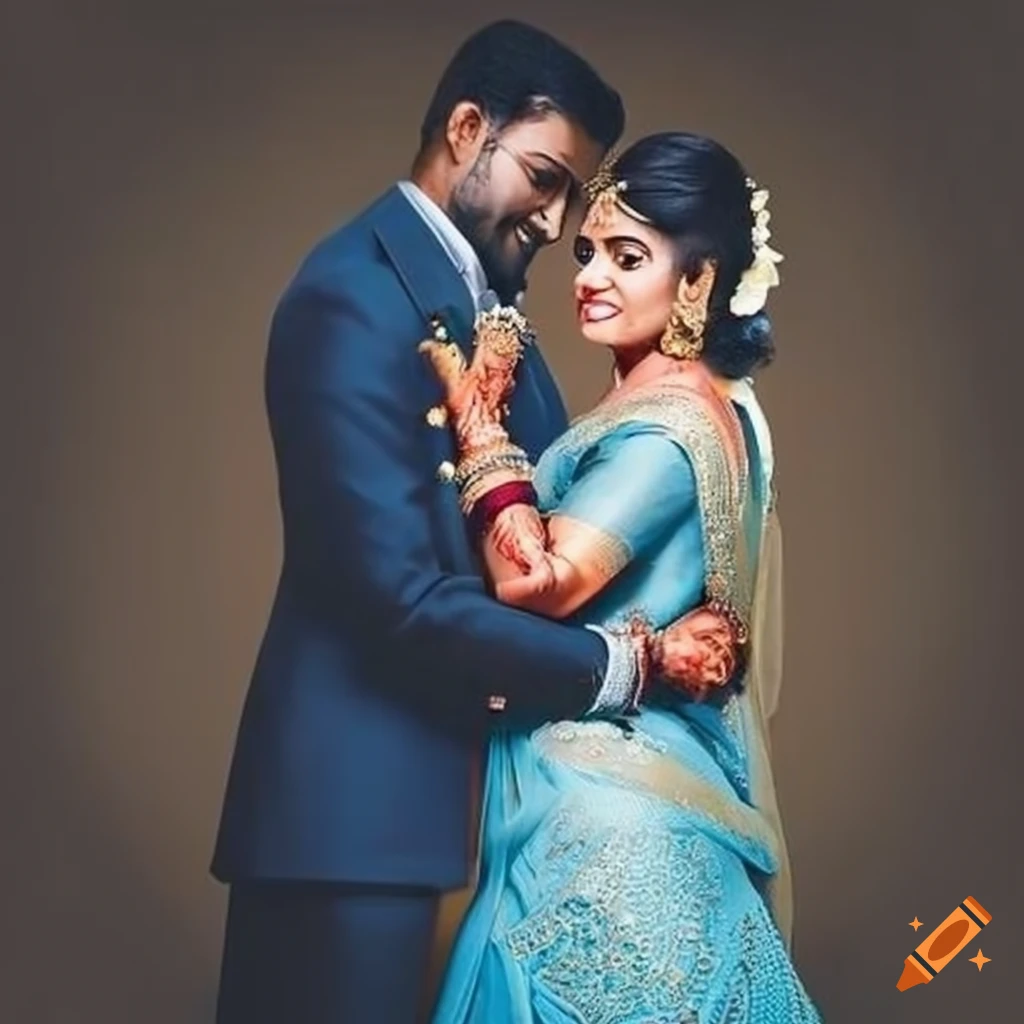 Traditional Tamil marriage reception couple - Groom in navy suit, Bride ...
