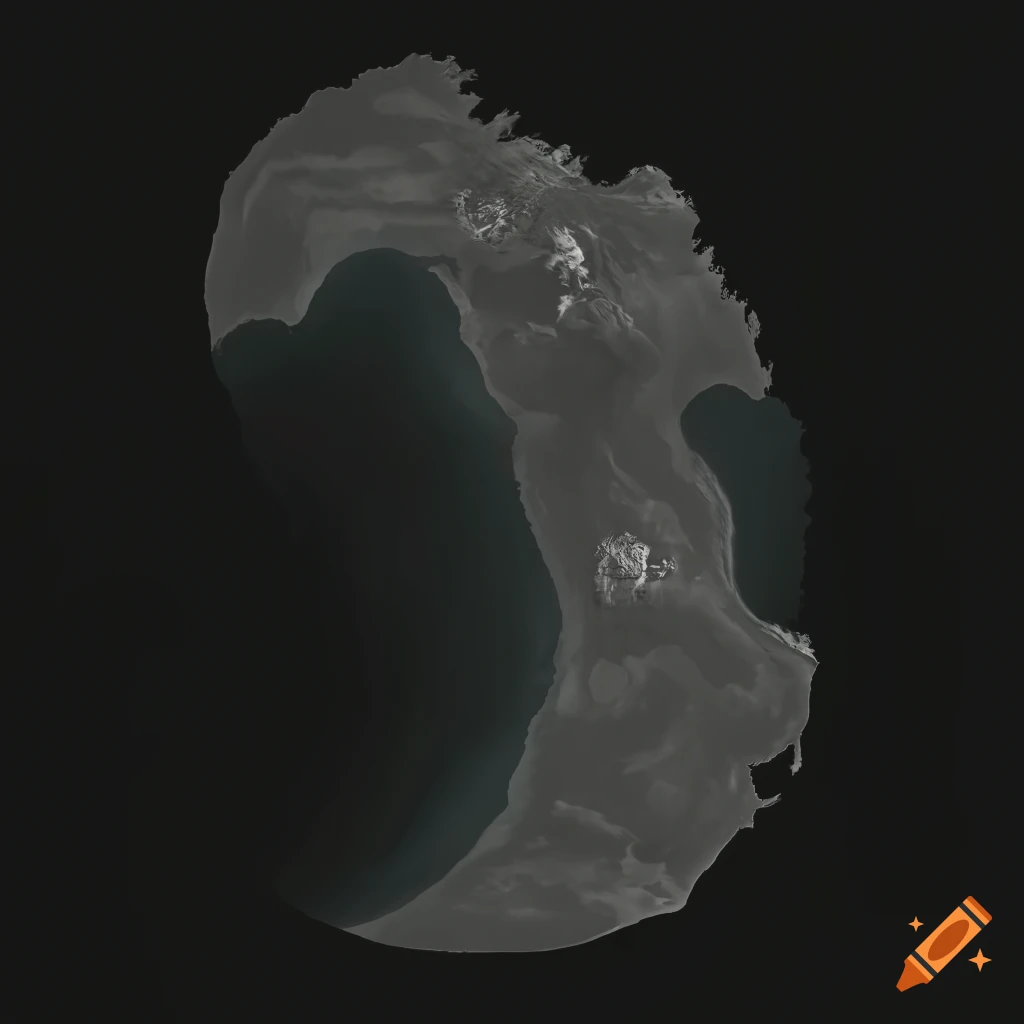 Top view grayscale island heightmap with hills, river, surrounded by sea and ocean on Craiyon