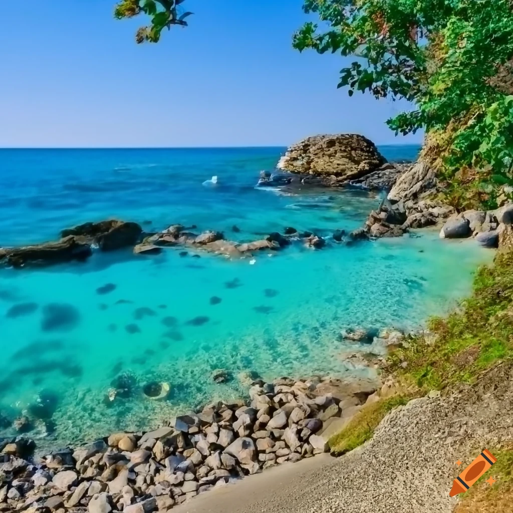 Beautiful beach with trees and rocks on the coast on Craiyon