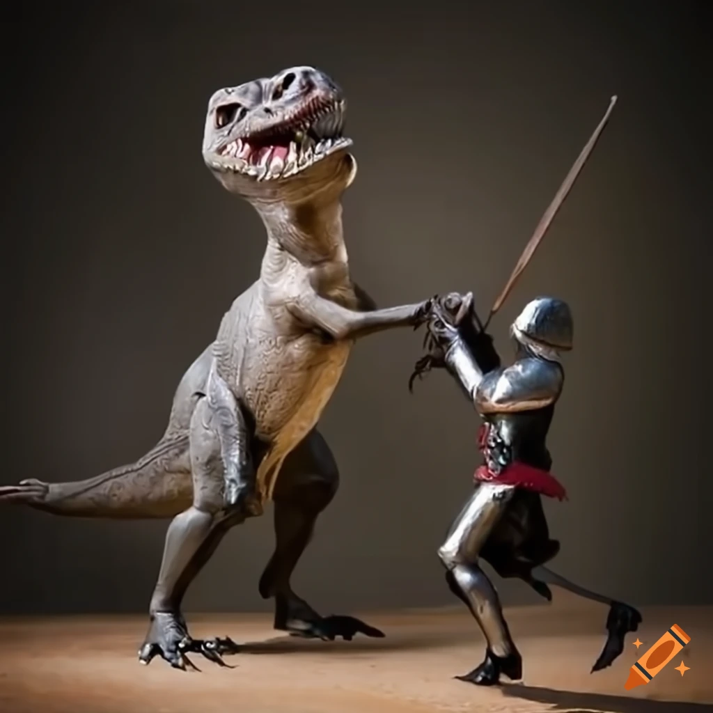 Knight battling a tyrannosaurus on horseback on Craiyon