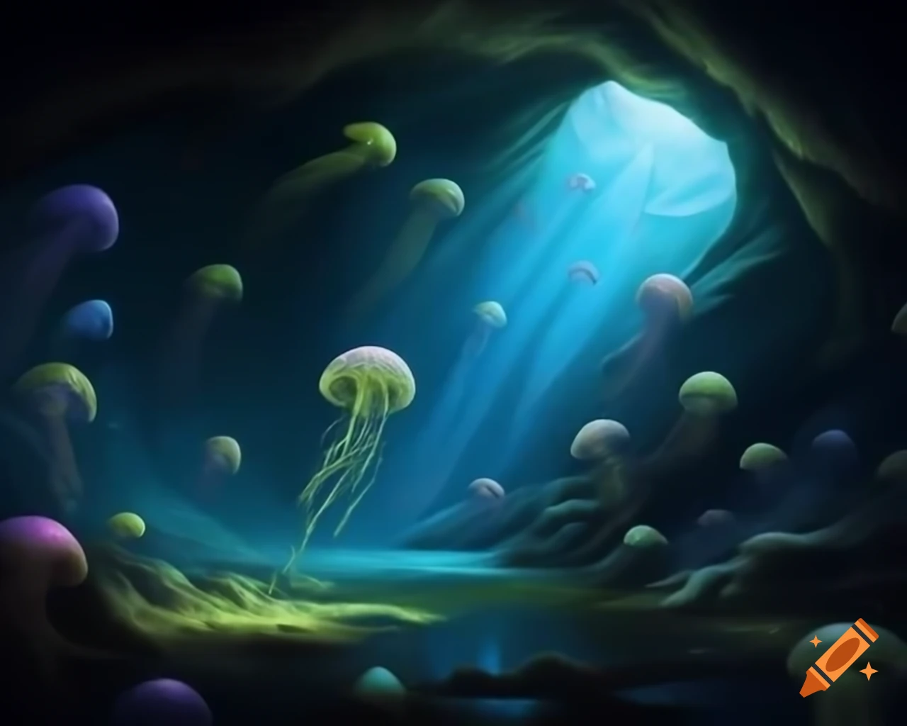 Luminous lake with glowing jellyfish in dark cave, semi-realistic style ...