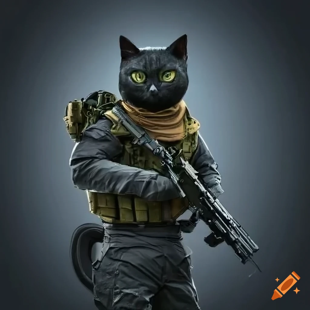 Black cat in tactical suit with AK 47 and Black Flag on Craiyon