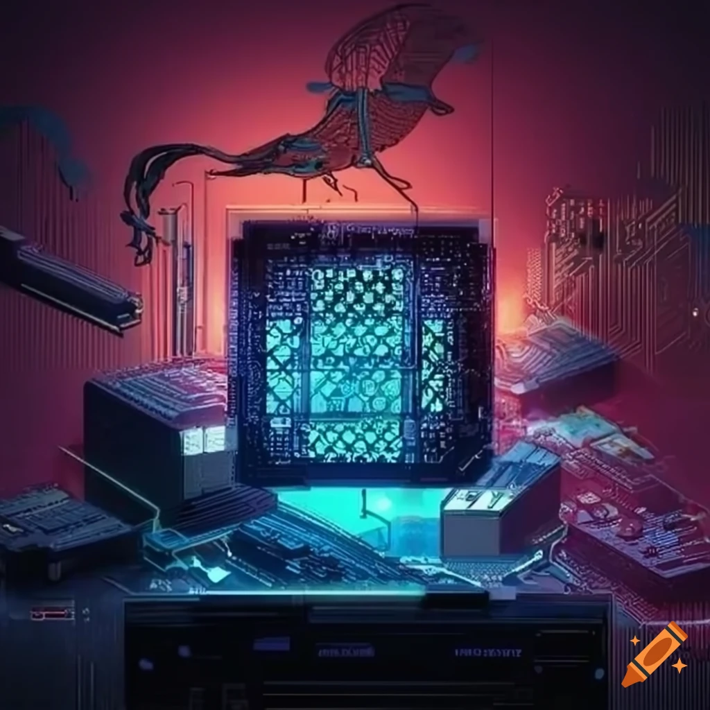 Illustrated computer components: CPU, GPU, and FPGA on Craiyon