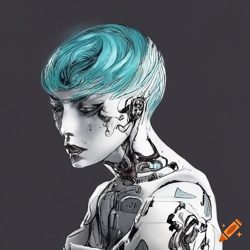 Detailed black ink art of a young male cyborg in a white bodysuit with ...