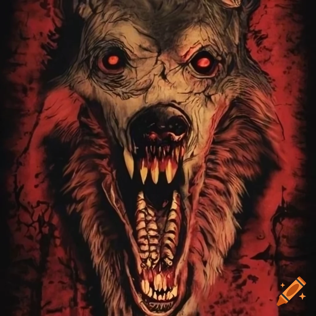 Vintage horror movie poster with an evil wolf on Craiyon