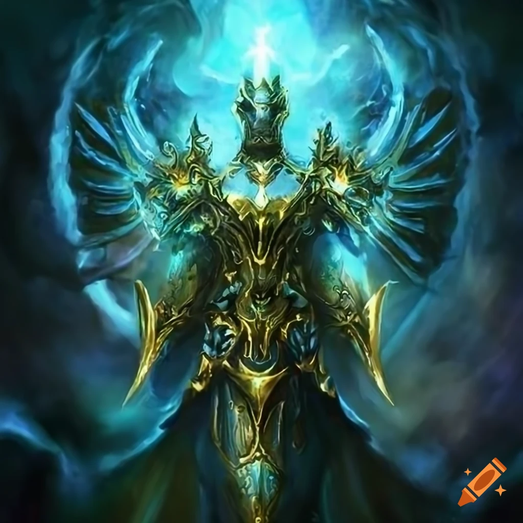 Golden divine knight with cyan magic in a fantasy setting on Craiyon