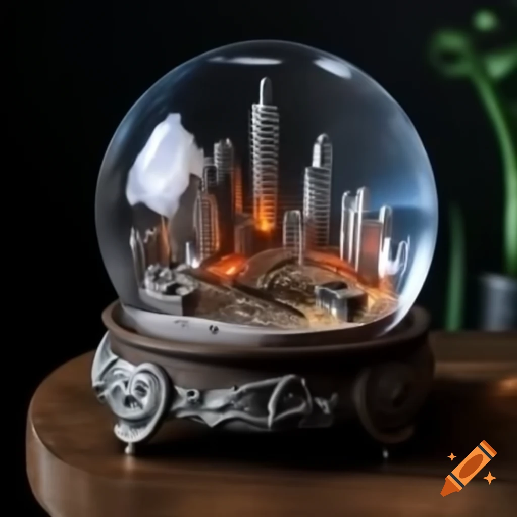 Miniature post apocalyptic city diorama inside crystal ball on table on ...