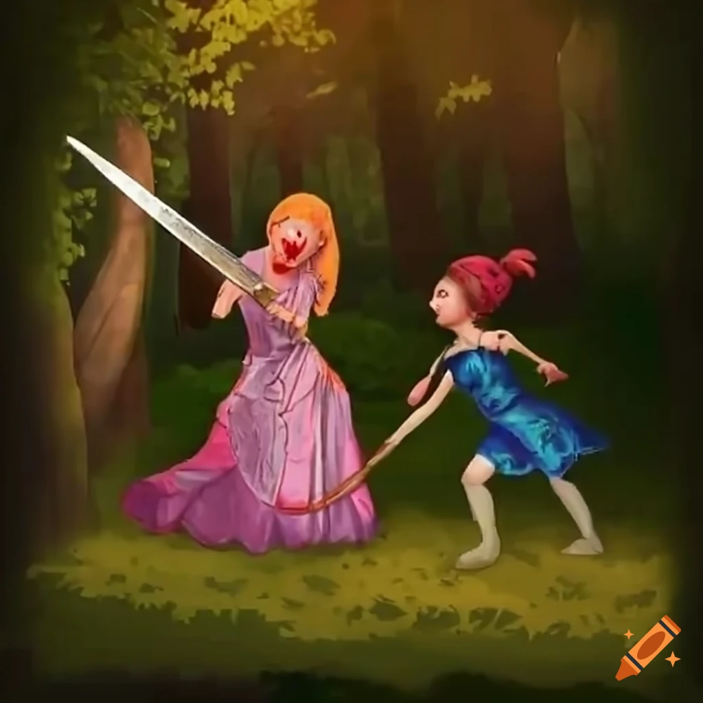 Playful female fighting scene with a dwarf beating up a princess in a ...