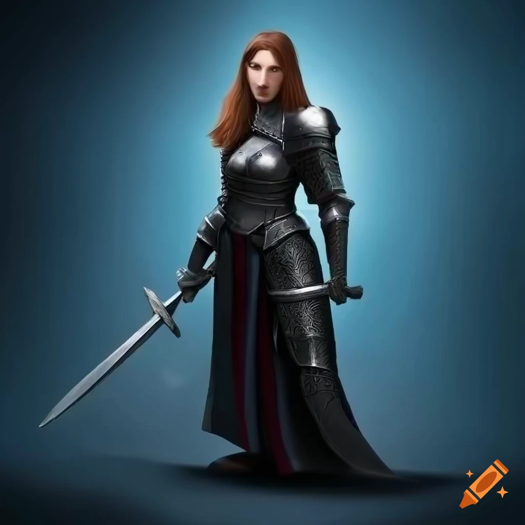 Female knight in combat stance with short sword on Craiyon