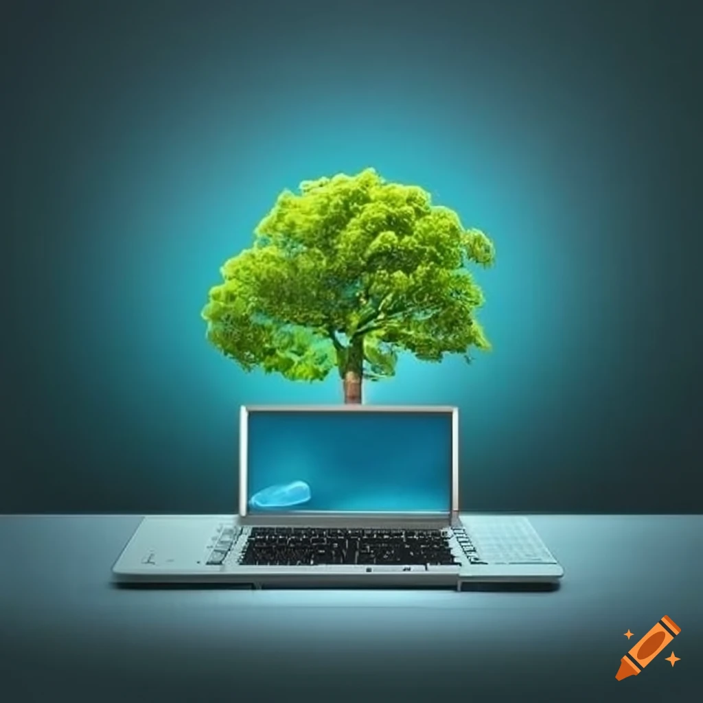 Eco-friendly digital concept: computer with a tree growing from the ...