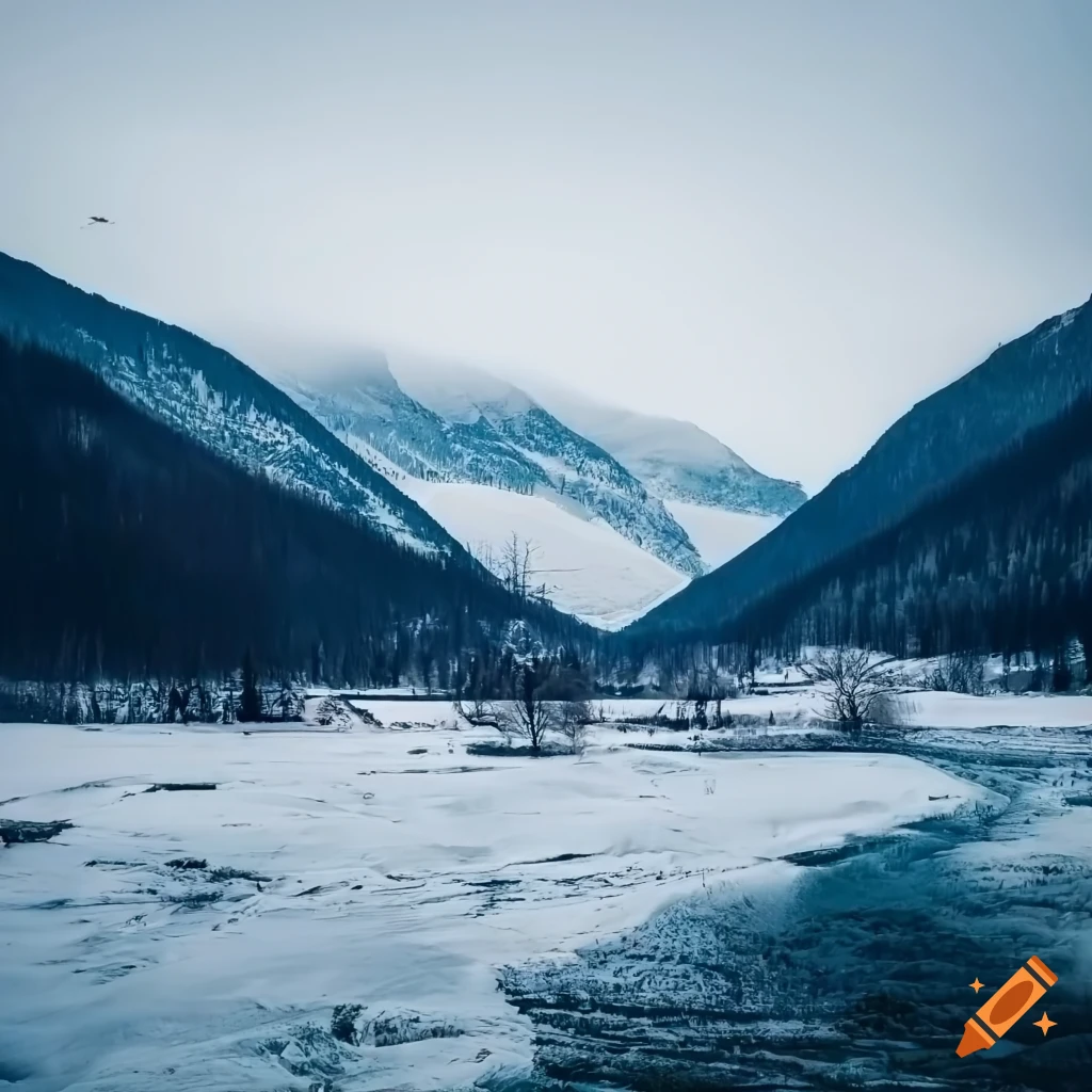 Snow and ice covered valley with mountains and a city in the middle on ...