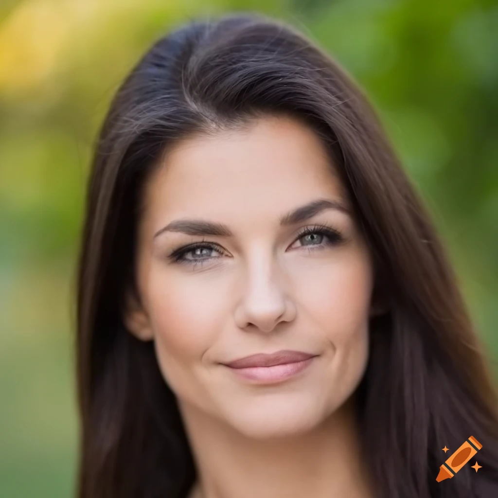 Portrait of a 51-year-old female with brunette hair and light blue eyes ...