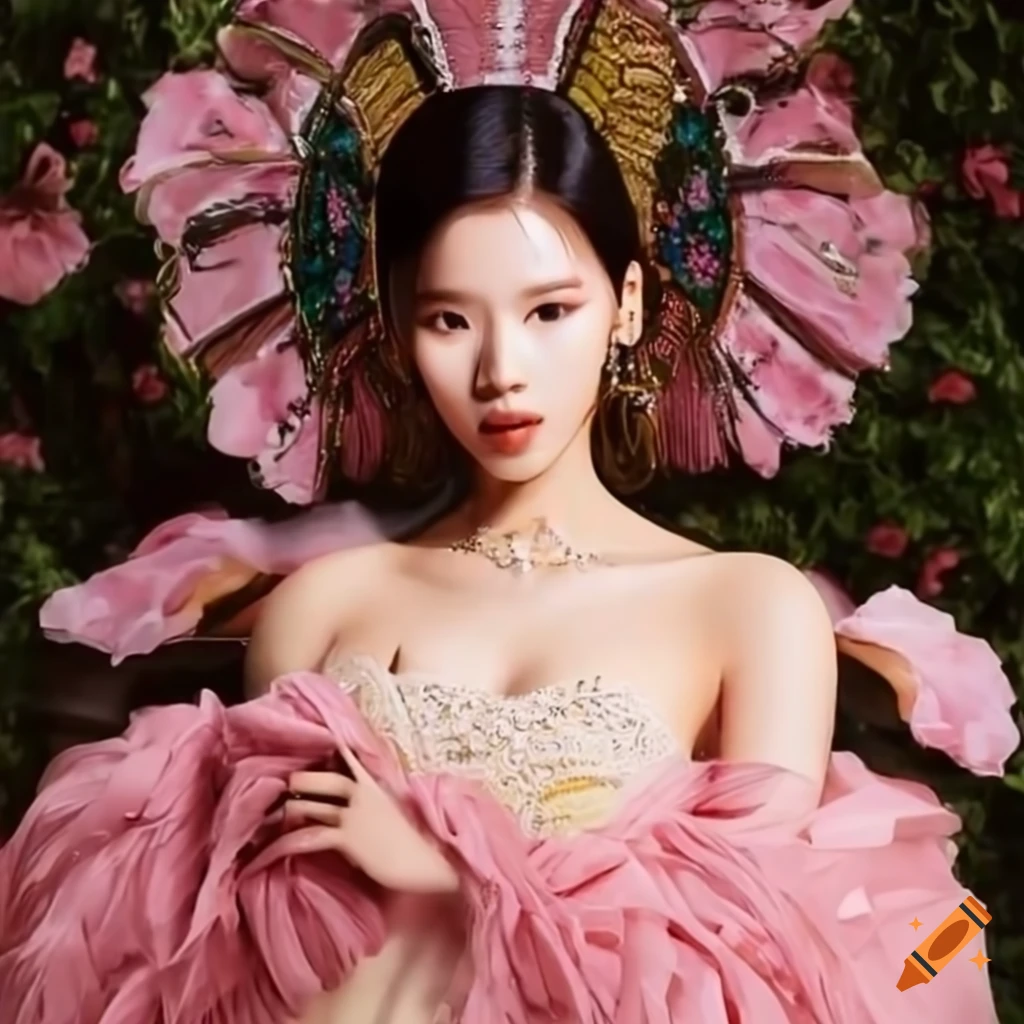Twice sana in met gala inspired outfit symbolizing growth and rejuvenation on Craiyon