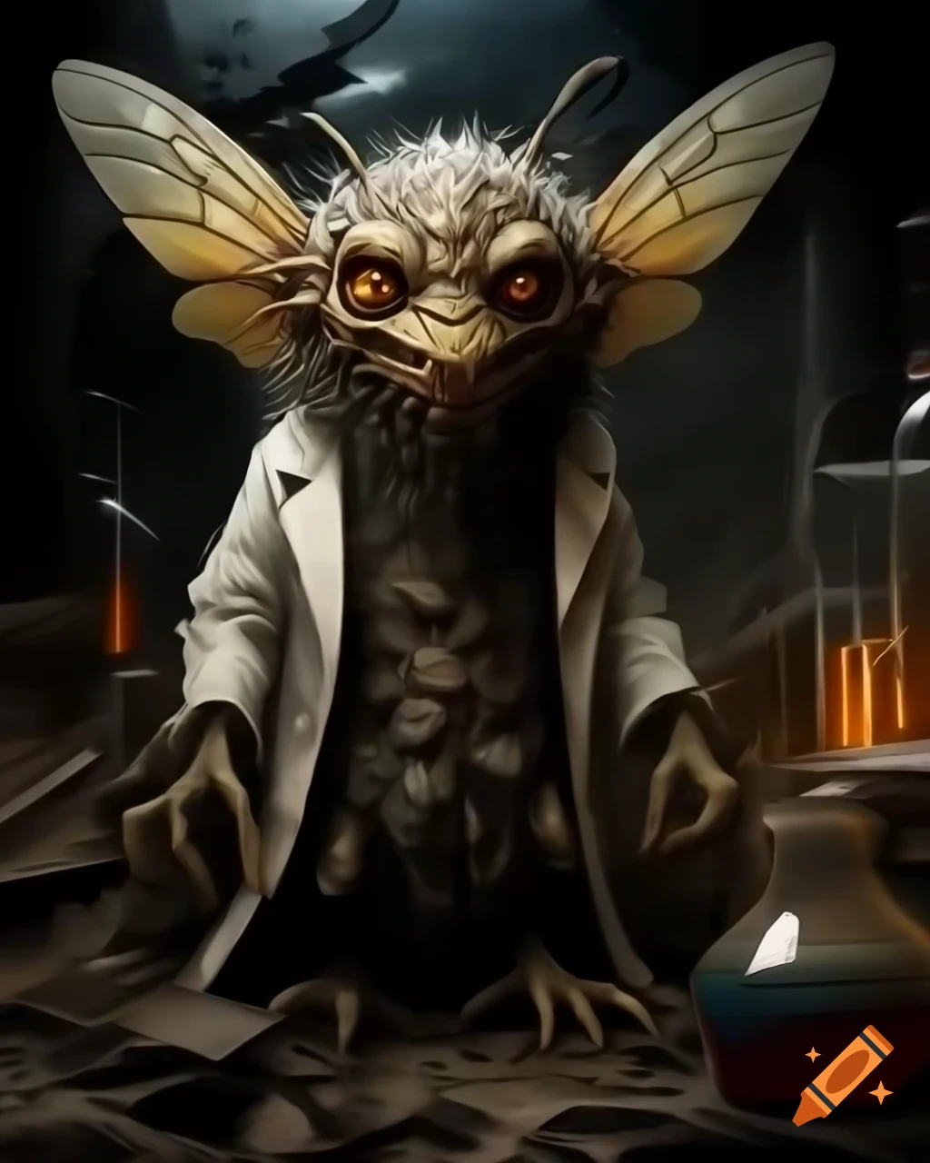 Creepy fly monster in lab coat in destroyed laboratory, dark fantasy ...