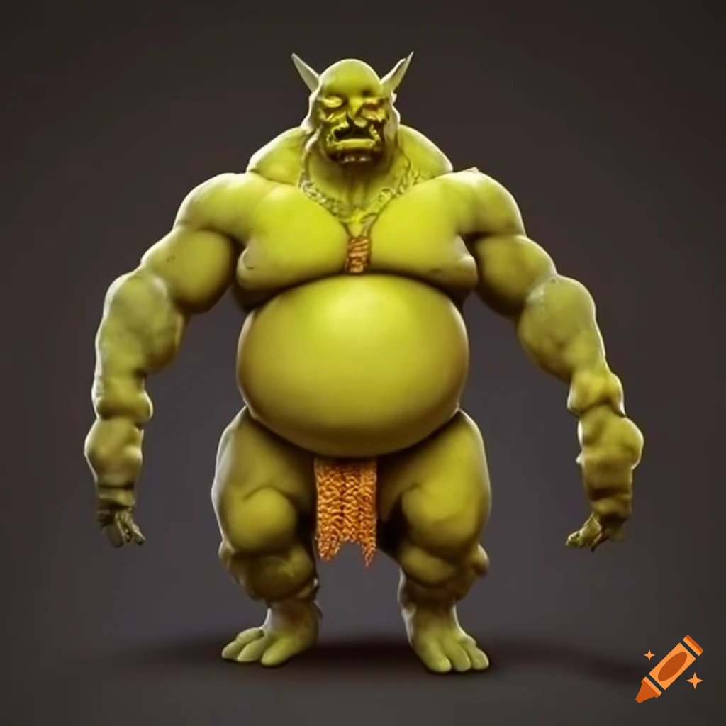 Yellow-skinned ogre with a big belly and muscular arms on Craiyon