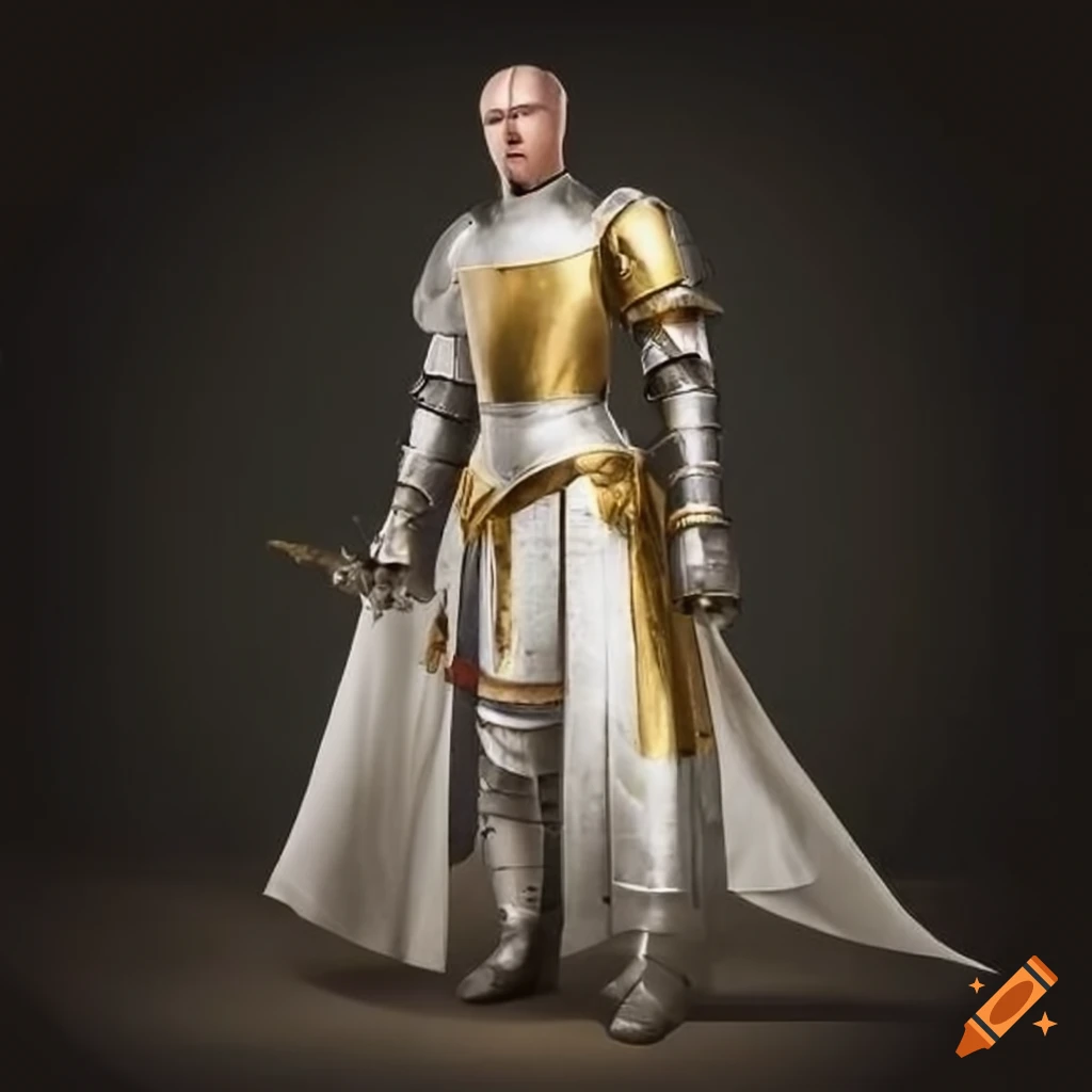 Knight in white satin and gold armor with a sword standing sideways on ...