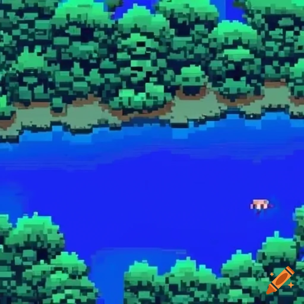 Pixelated retro style lake resembling Pokemon Red game from overhead ...