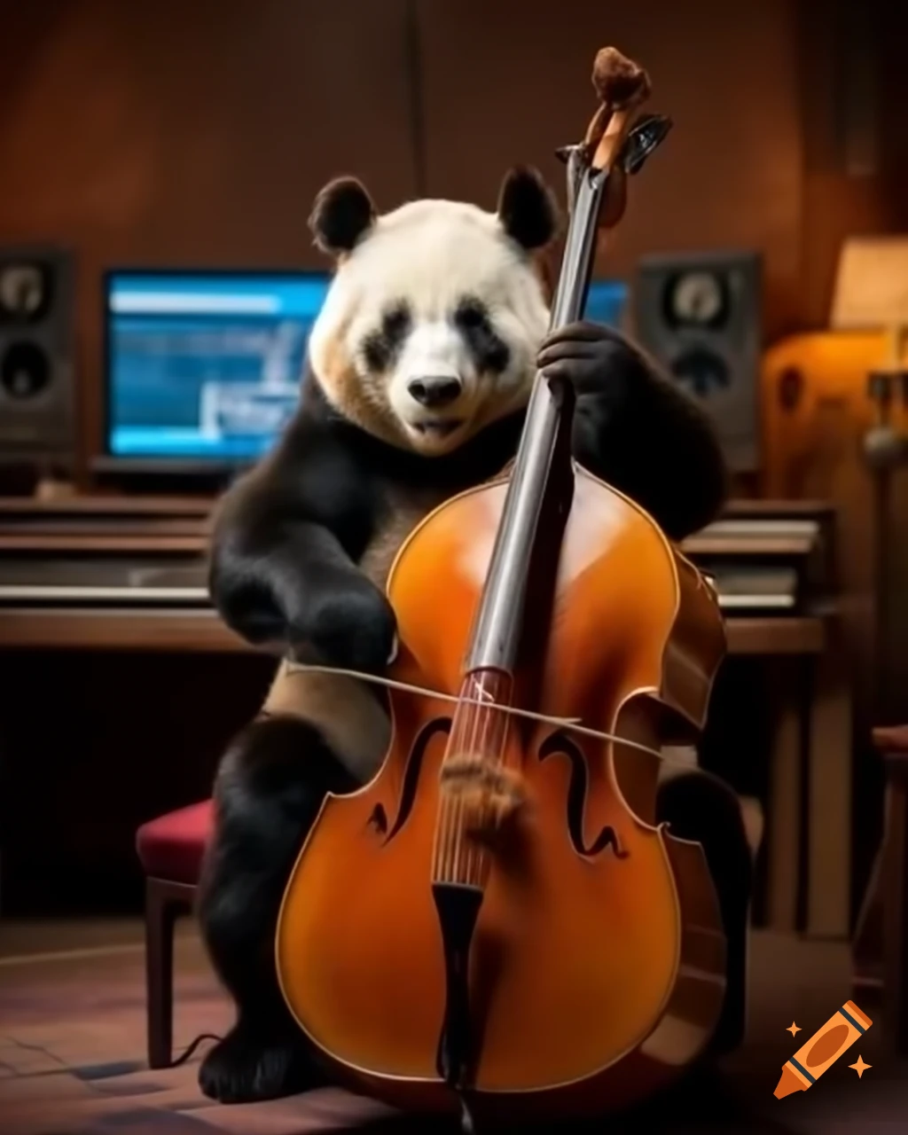 Panda bear playing double bass in music studio wearing singer's costume ...