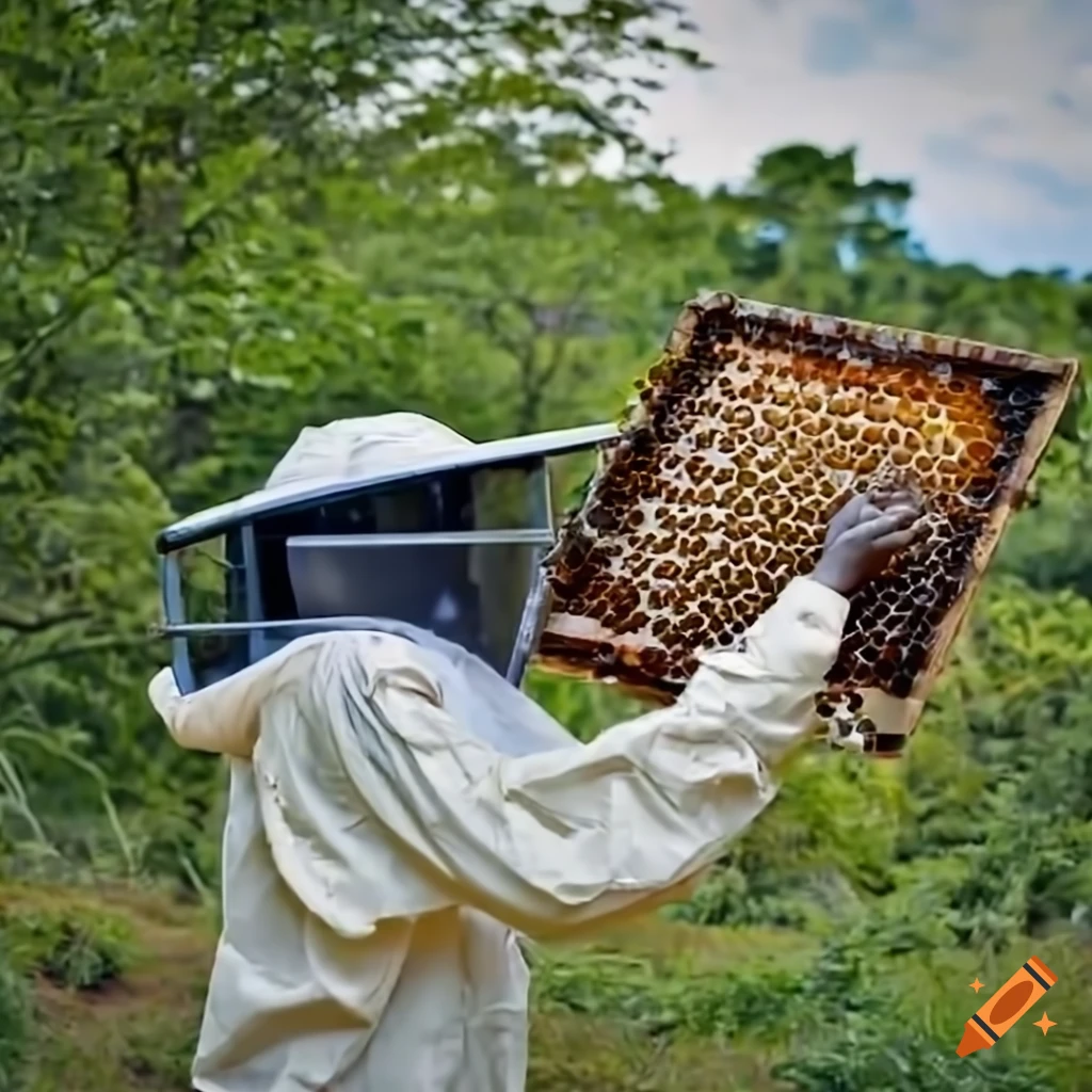 African beekeeper inspecting a high-tech hive with sensors on Craiyon
