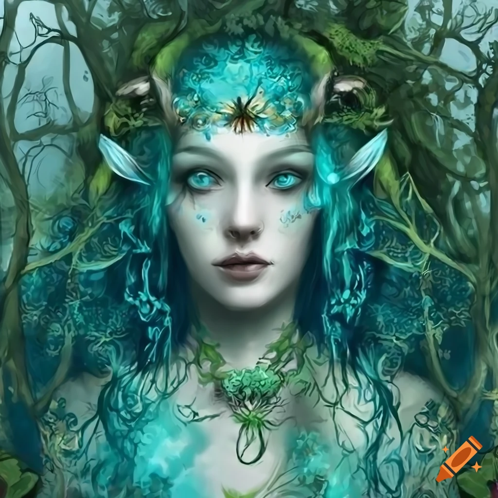 Goddess dryad of the forest with detailed teal hair and flowers ...