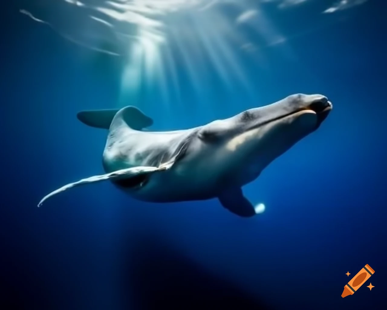 Luminous blue whale radiating light underwater, cinematic photography ...