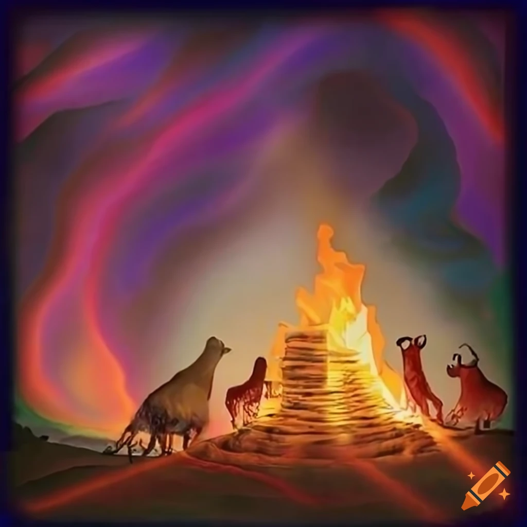 Surreal scene of animals ascending into illuminated sky with heavenly ...