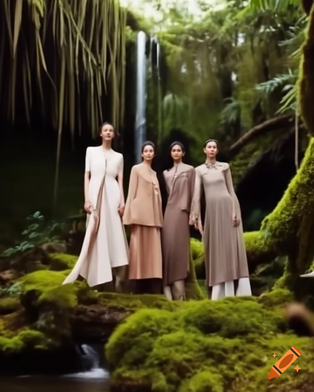 Models in long dresses on jungle catwalk surrounded by moss and ...