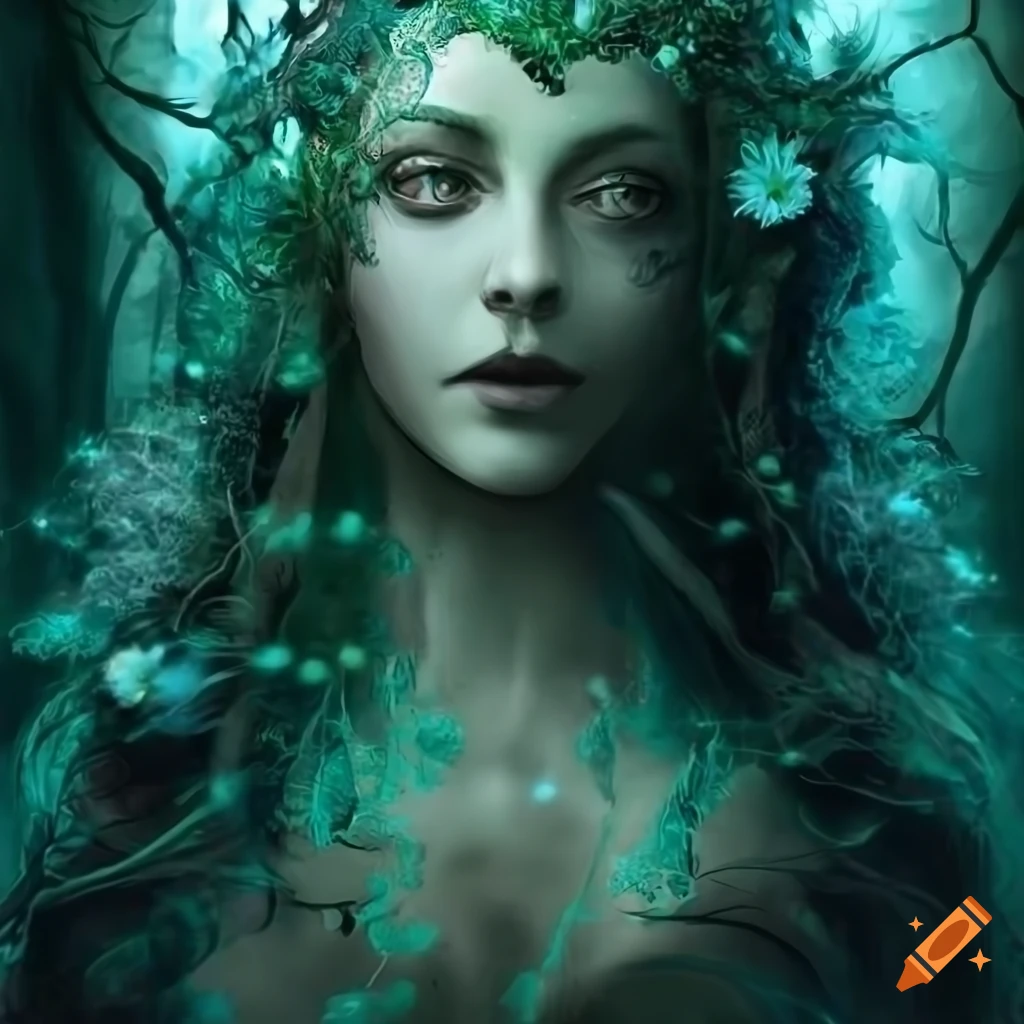 Goddess dryad of the forest with detailed teal hair and flowers ...