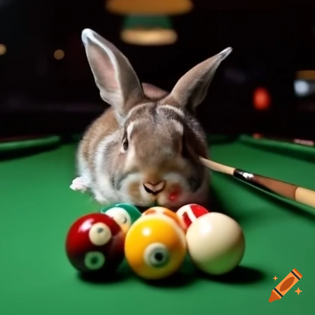 Rabbit holding pool cue beside pool table ready to hit cue ball on Craiyon