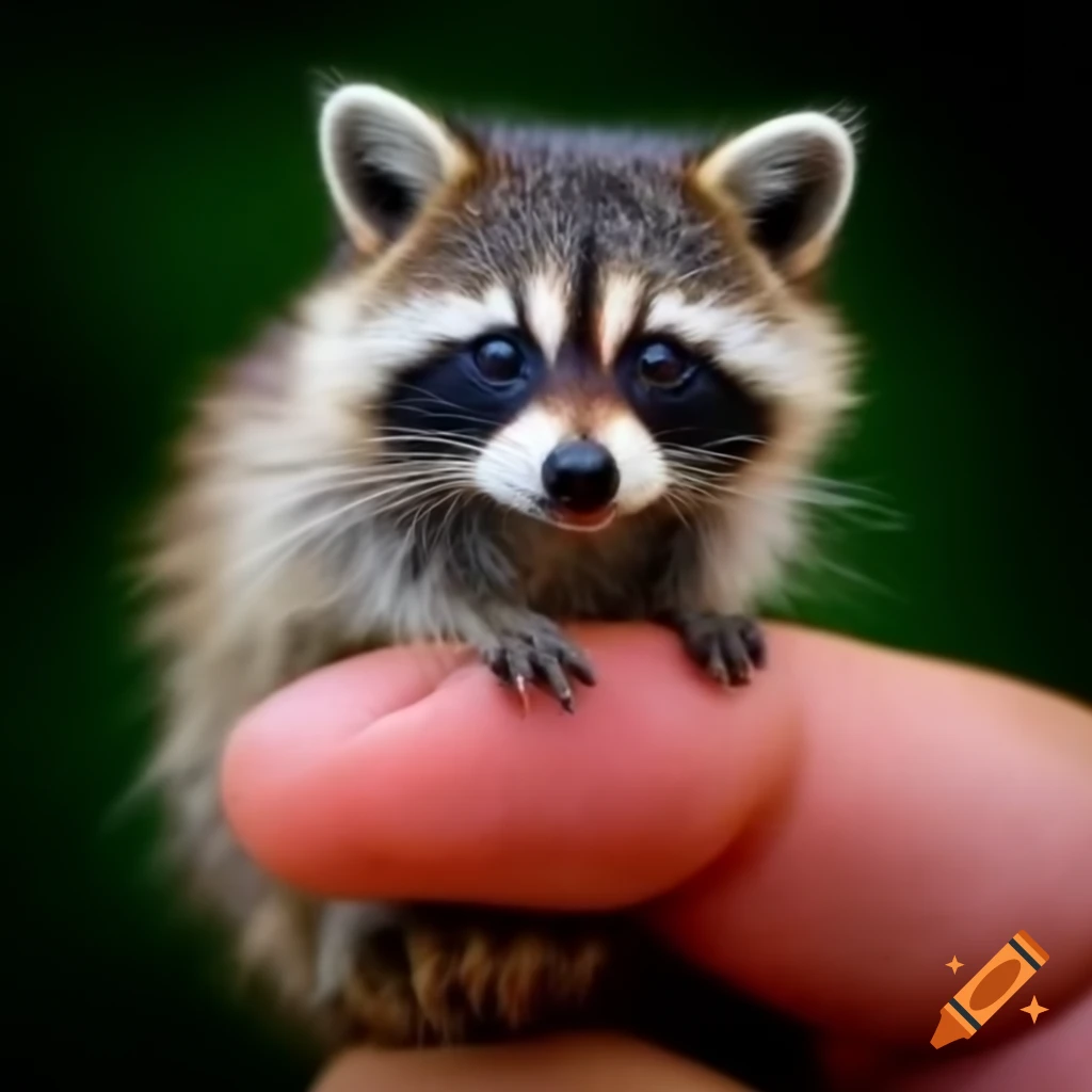 Macro photography of a miniature raccoon on a finger with big eyes on ...