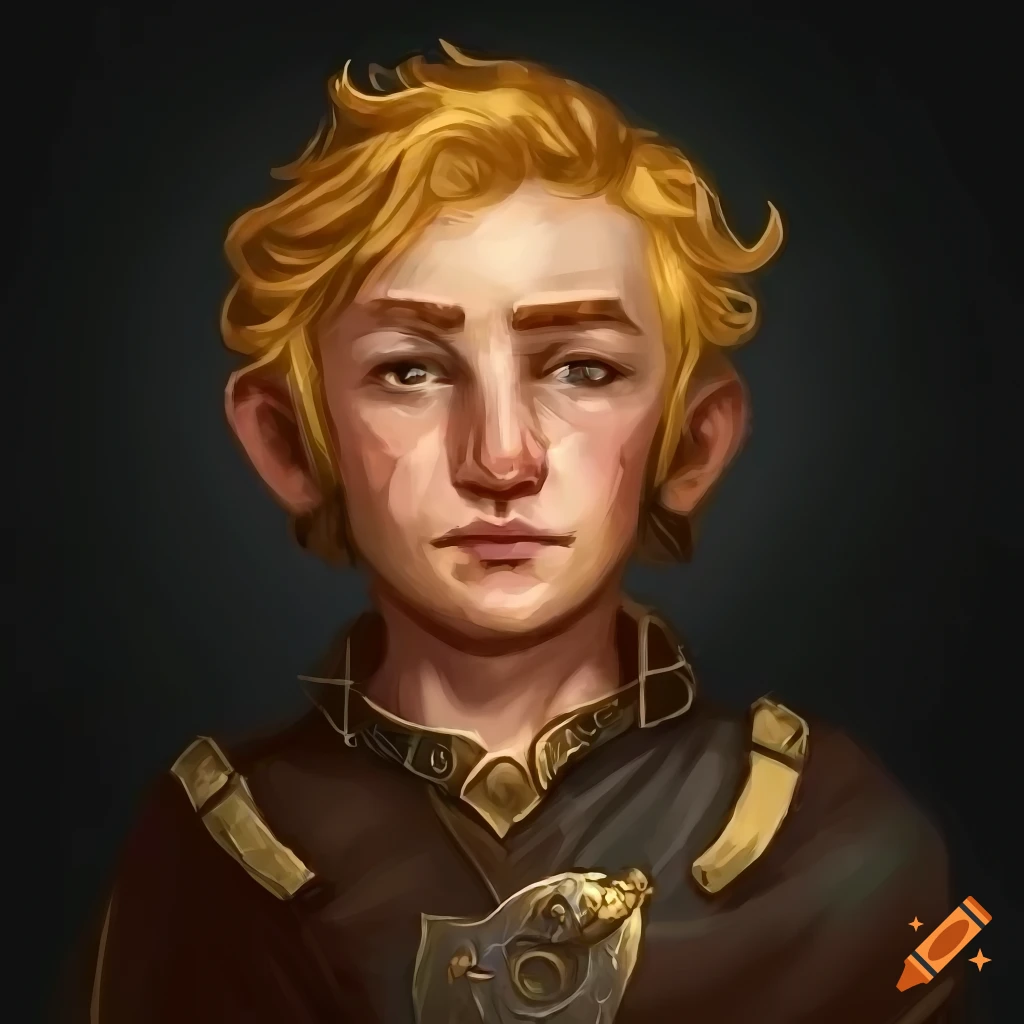 Dnd 5e portrait of a young wealthy halfling male cleric with green eyes ...