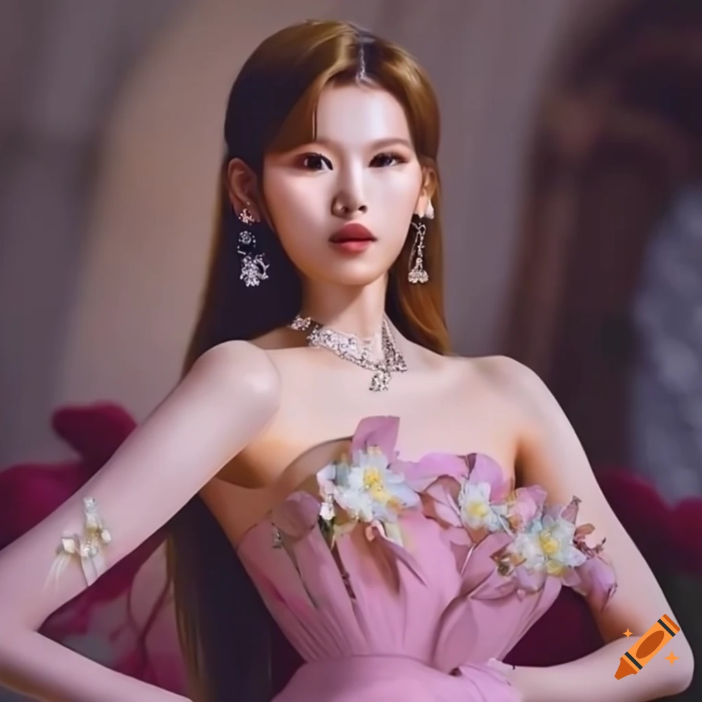Twice sana in met gala inspired outfit symbolizing growth and rejuvenation on Craiyon