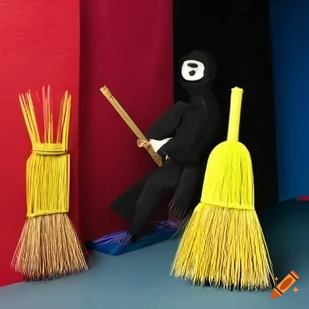 Broom ninja giant surfer with faces riding a broom in a whimsical art ...