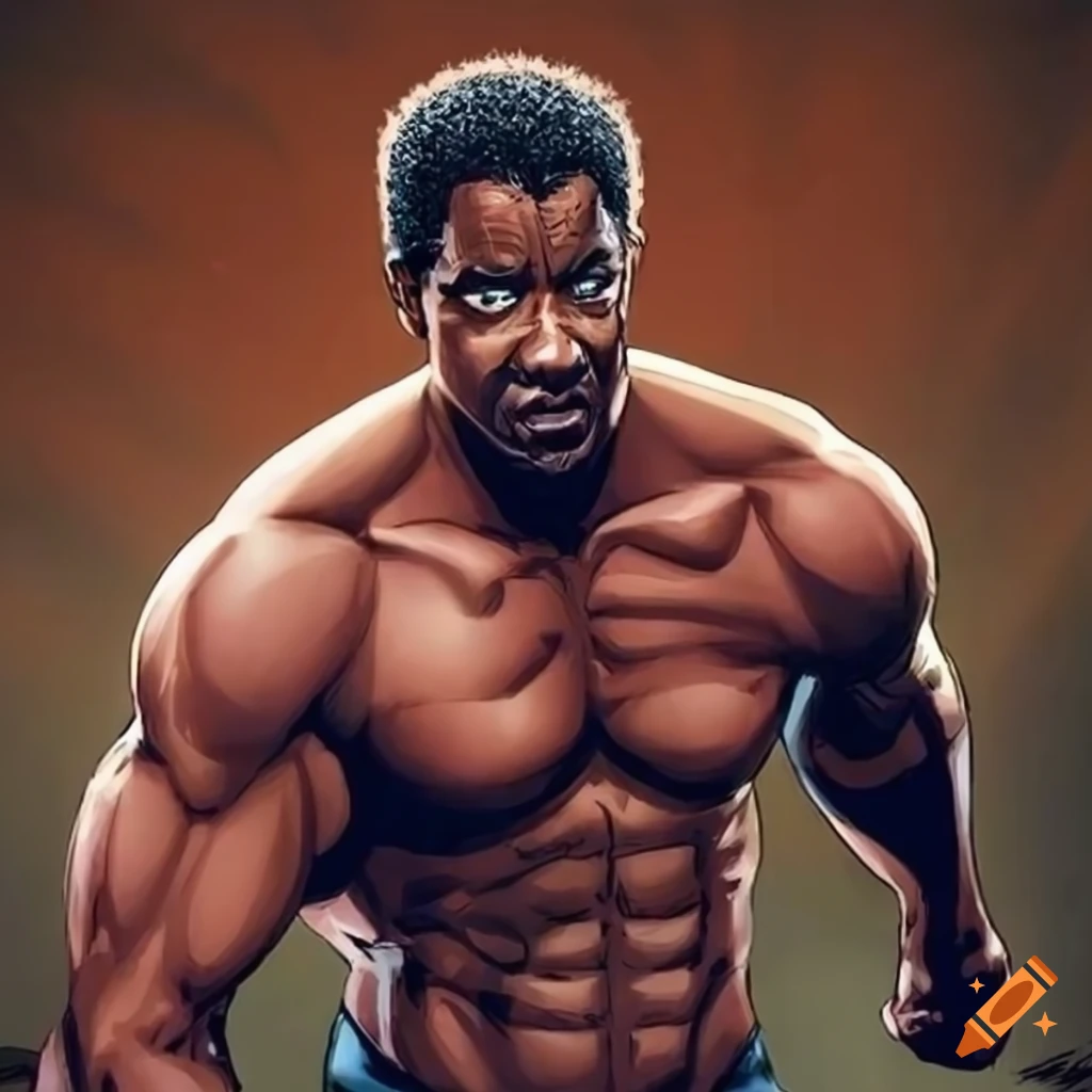 Comic-style depiction of Denzel Washington with exaggerated muscles on ...