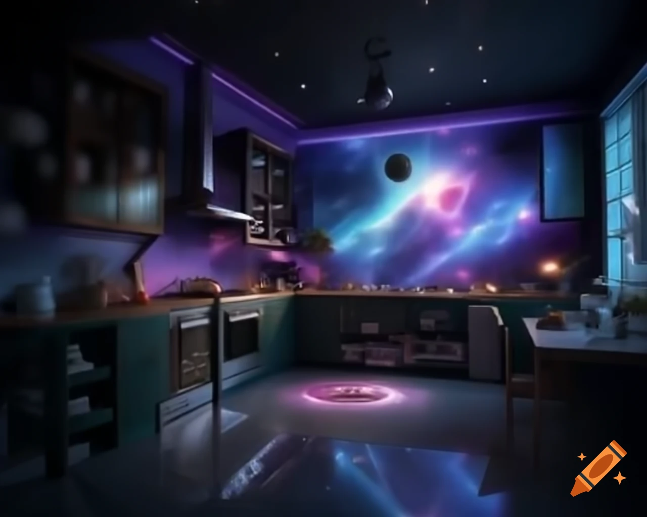 Cosmic universe themed kitchen with galactic colors and starry sparkles ...