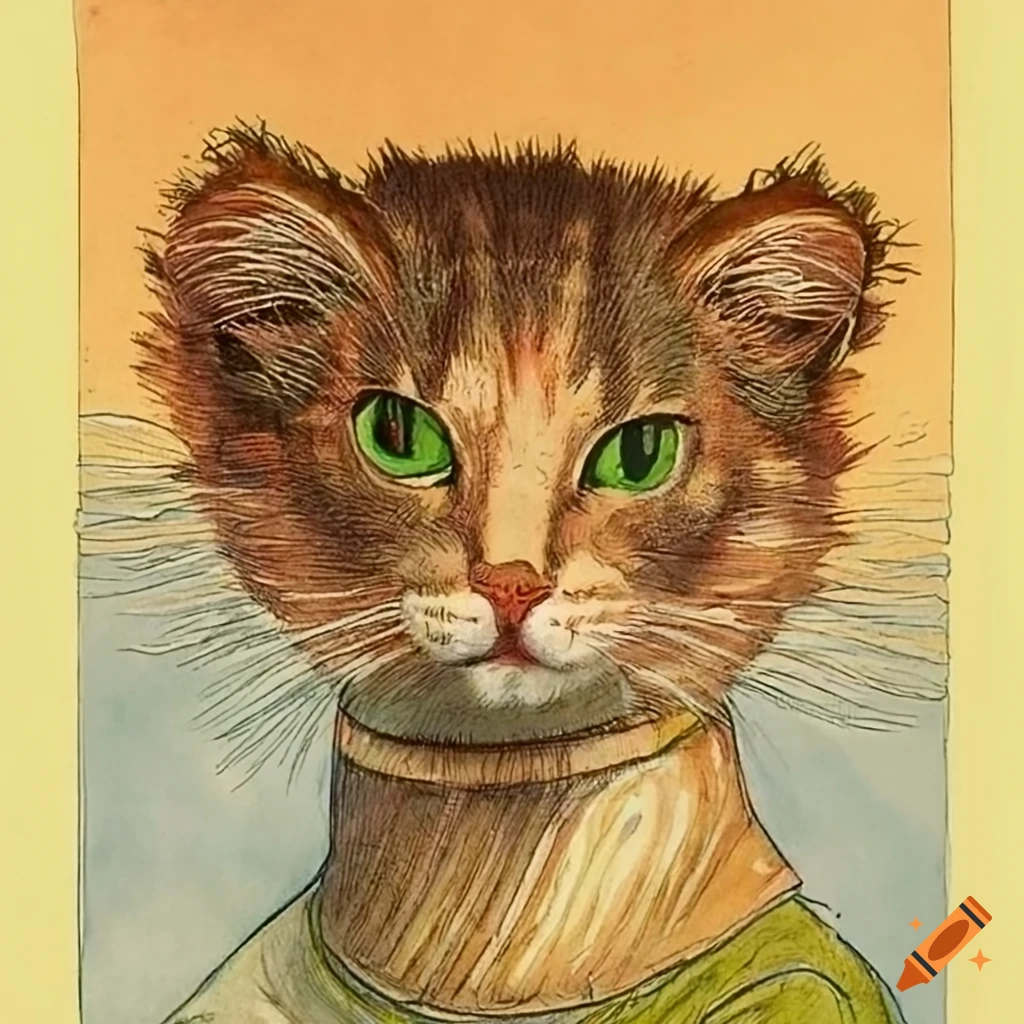 Cat resembling the anime character Frerien in the style of Ivan Bilibin ...