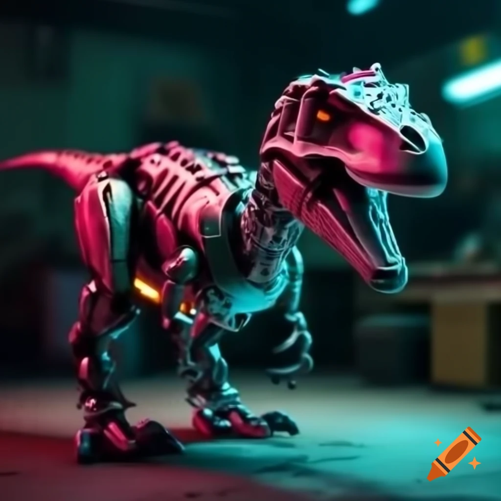 Metallic robotic velociraptor with neon lights in a workshop, soft ...