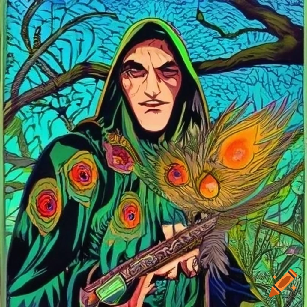 Gold and Copper Raven in peacock feather cloak walking in a forest ...