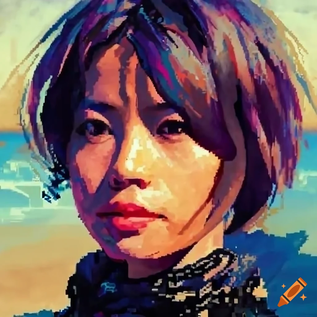 Japanese cyborg android with messy bob hairstyle stranded on a beach on ...