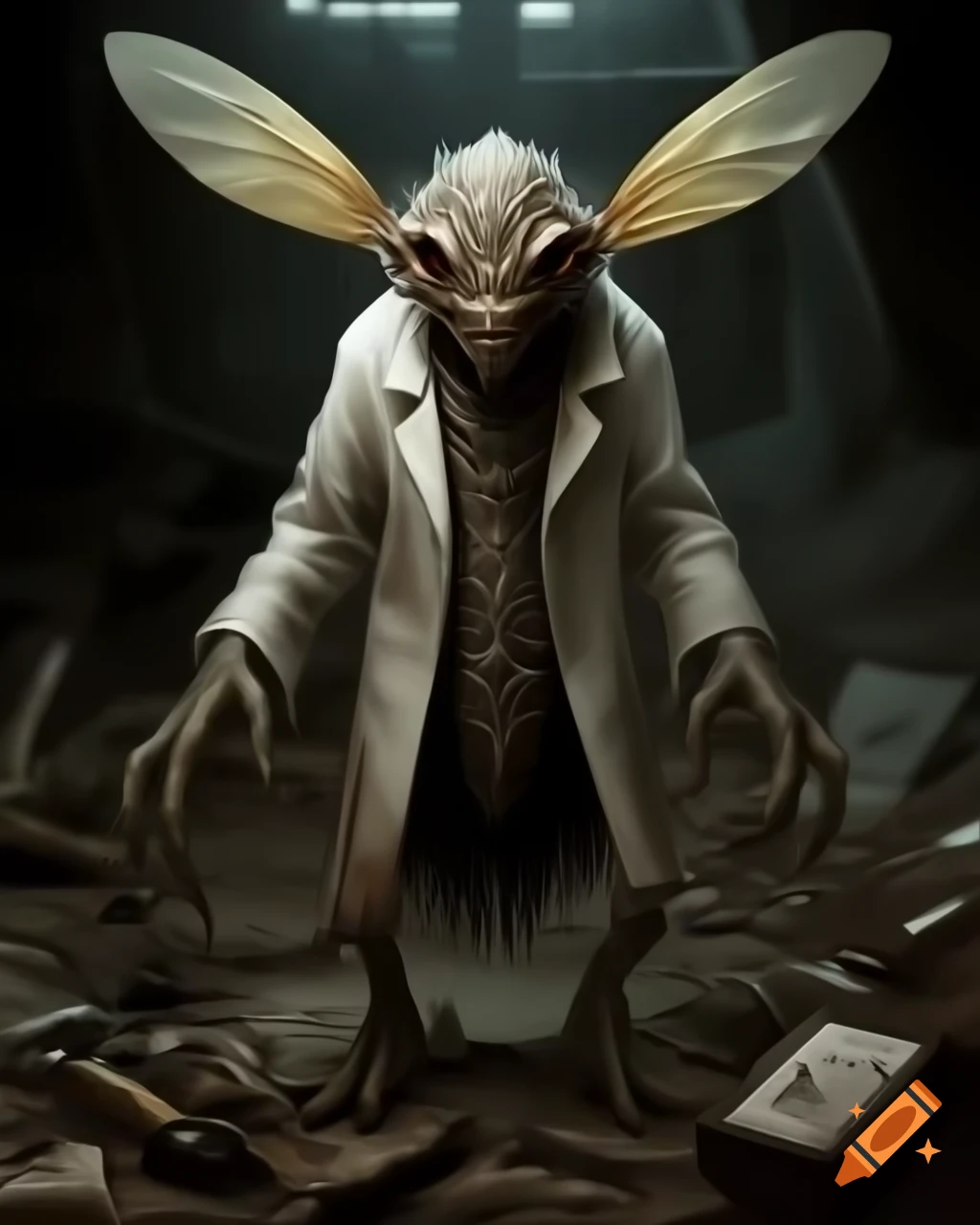 Creepy fly monster in lab coat in destroyed laboratory, dark fantasy ...