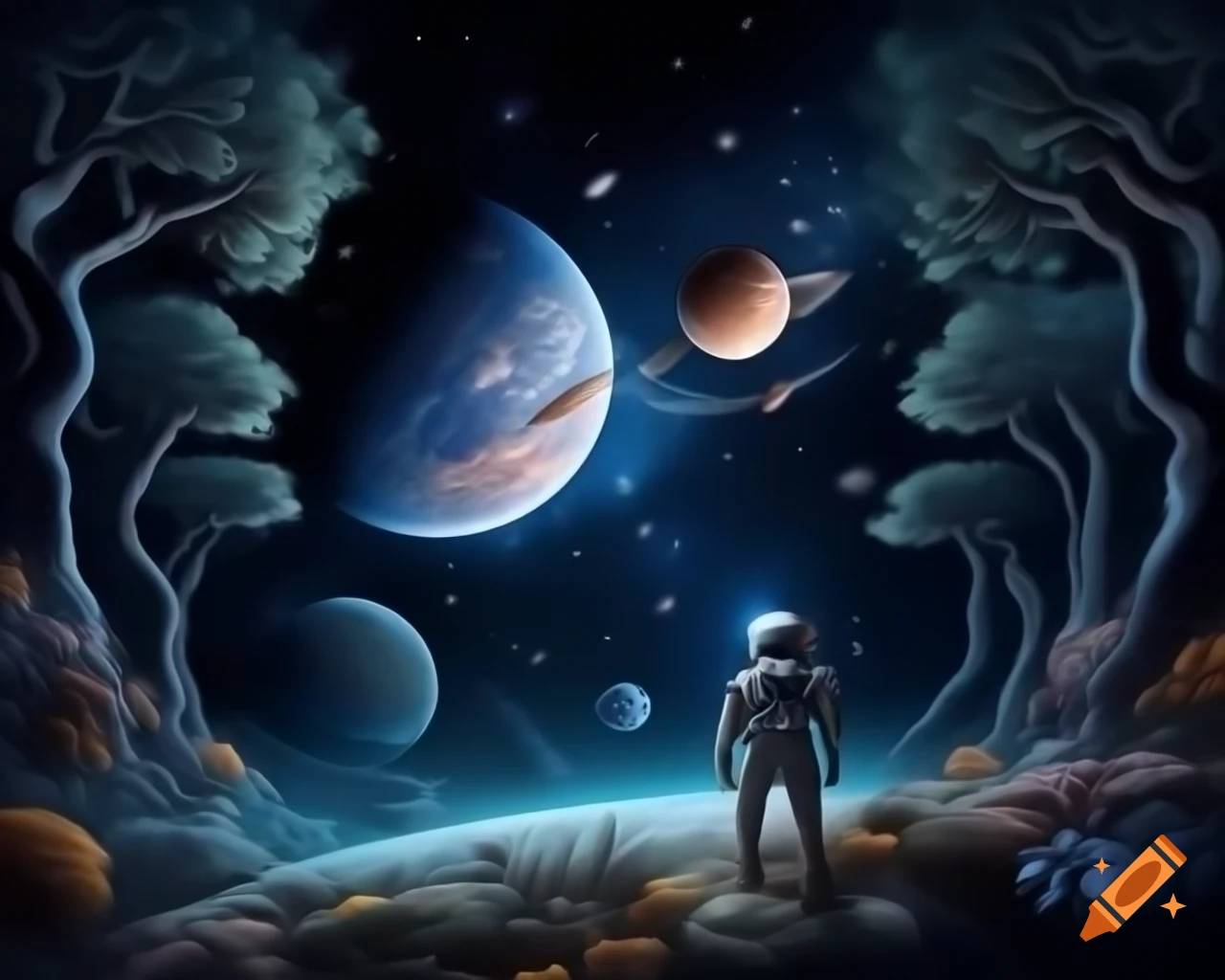 Surreal illustration of astronaut in alien world with cosmic sky and ...