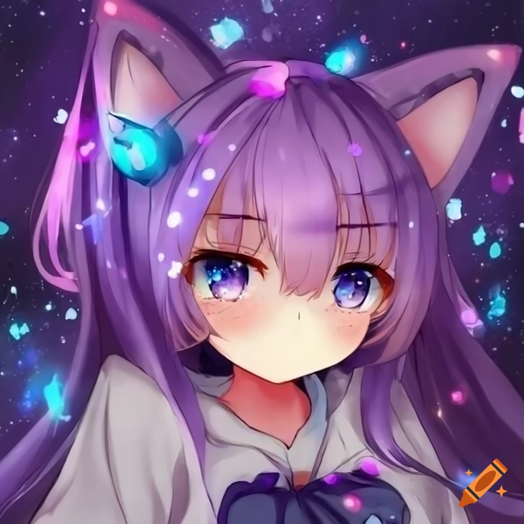 Cute anime cat girl with galaxy purple hair and a sweet smile on Craiyon