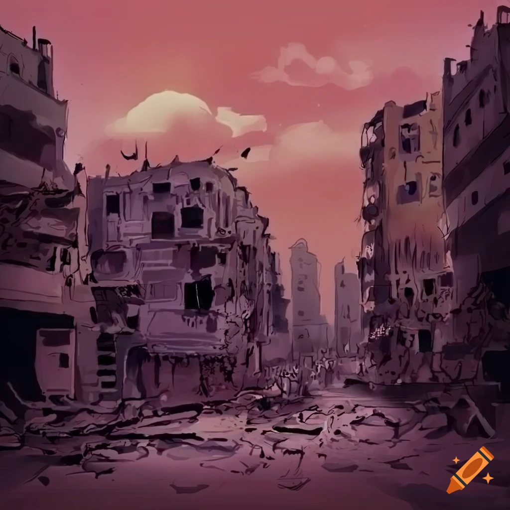 Wide shot of a destroyed city street with rubble of buildings in gaza ...