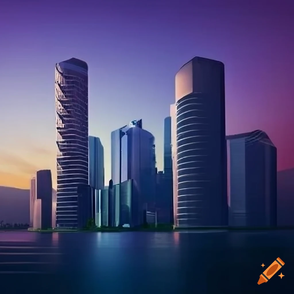 Modern urban environment with futuristic city skyline at golden hour on ...